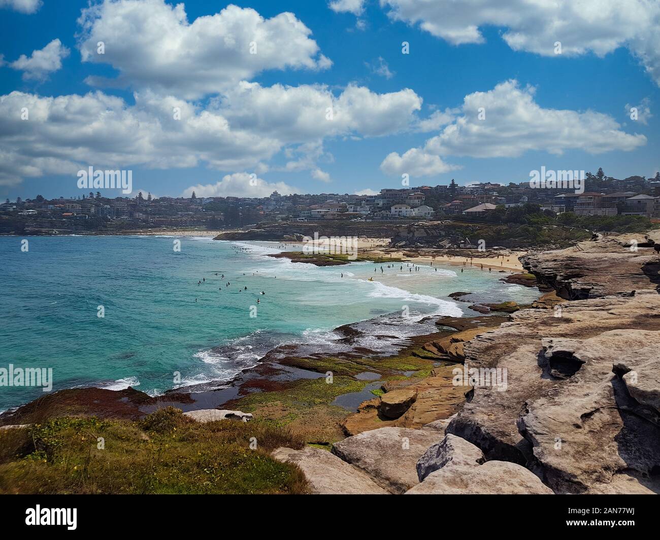 Sunbathers and swimmers on the Tamarama Beach in Sydney, Australia ...