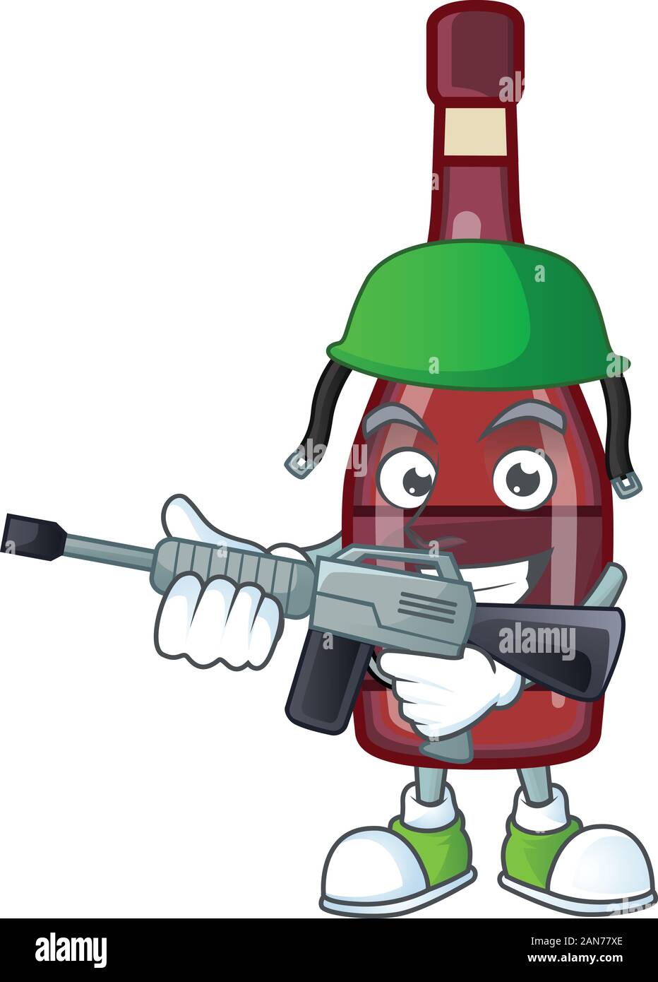 Red bottle wine carton character in an Army uniform with machine gun ...