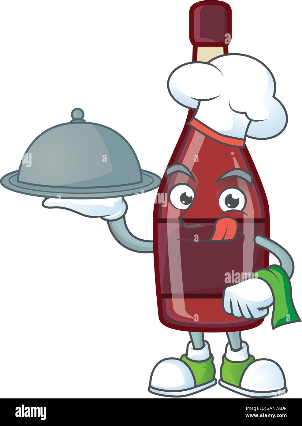 cartoon design of red bottle wine as a Chef having food on tray Stock ...