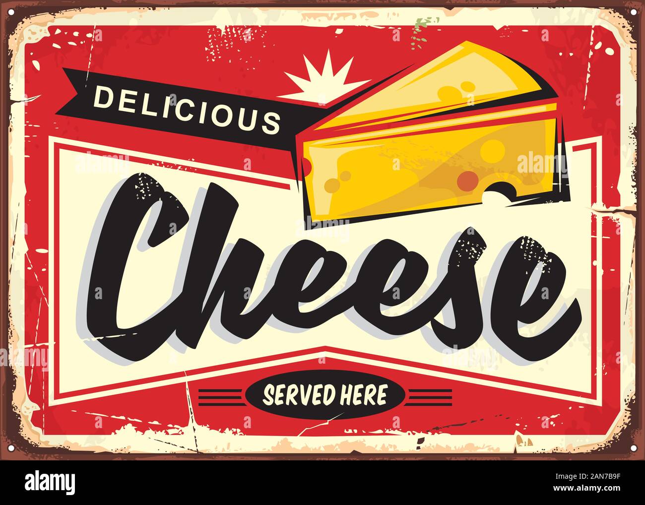 Cheese retro tin sign. Delicious cheese served here vintage poster with ...