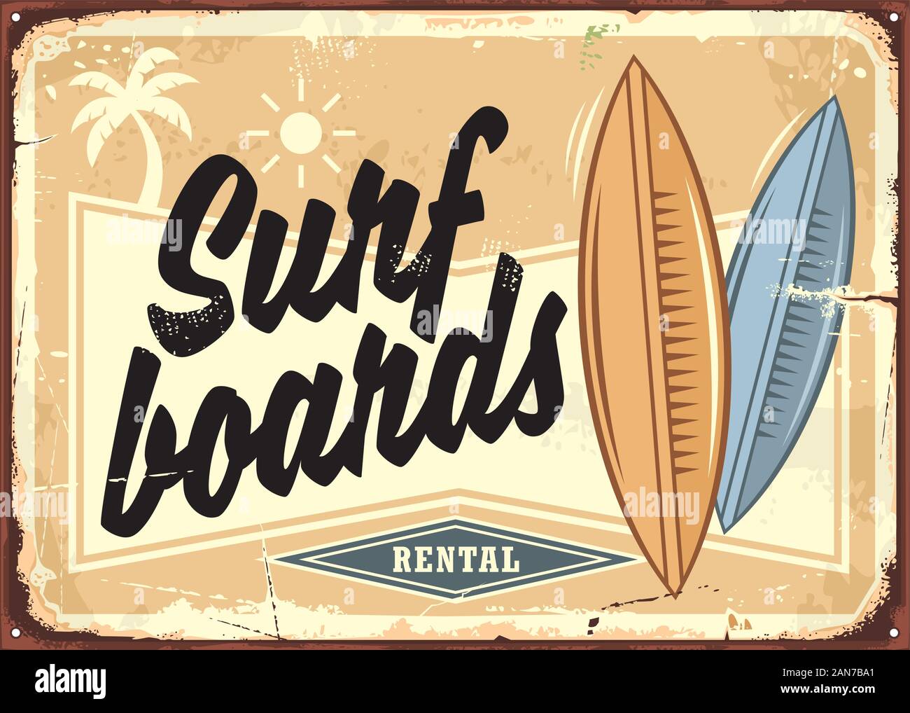 Surf boards rental retro beach sign layout. Sand, surfing and sea ...