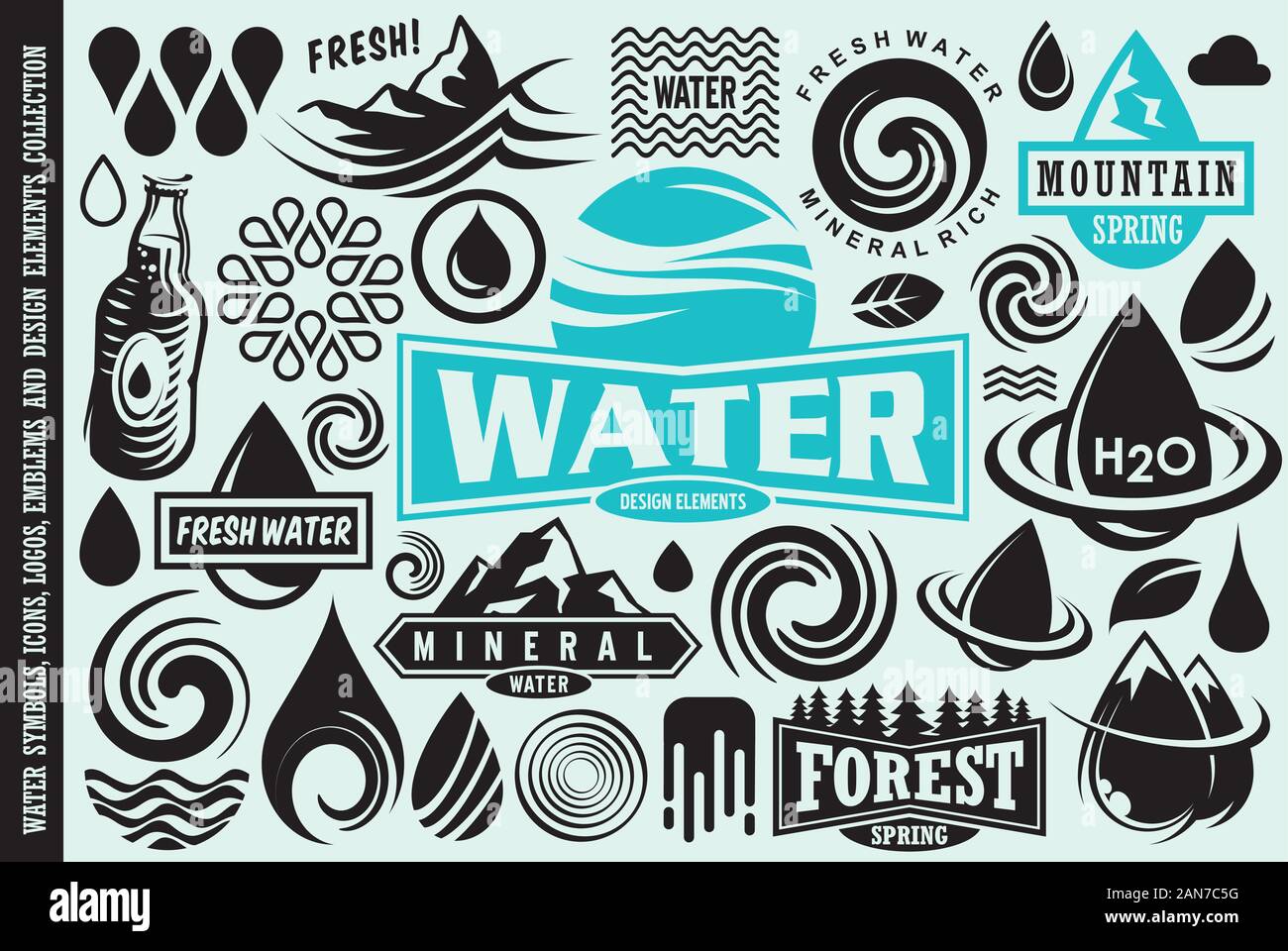 Water design elements collection. Water drops icons, symbols, logos ...