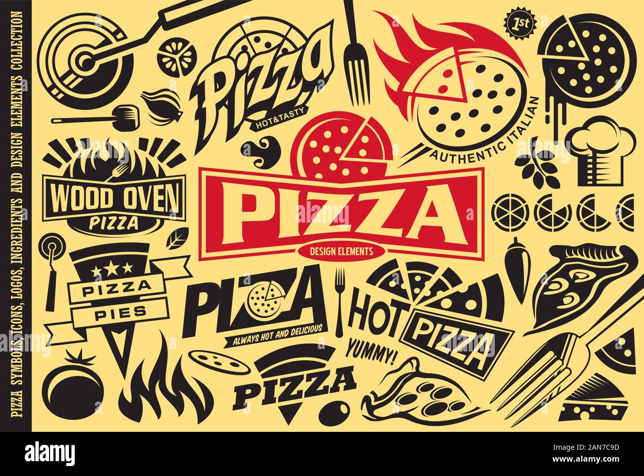 Pizza symbols, logos, signs, icons, emblems, ingredients and design ...
