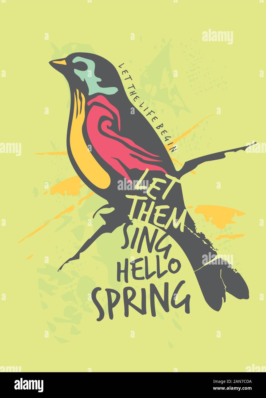Colorful bird spring poster or tee shirt design. Hello spring creative ...