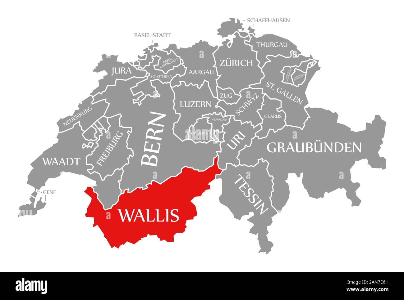 Wallis red highlighted in map of Switzerland Stock Photo - Alamy