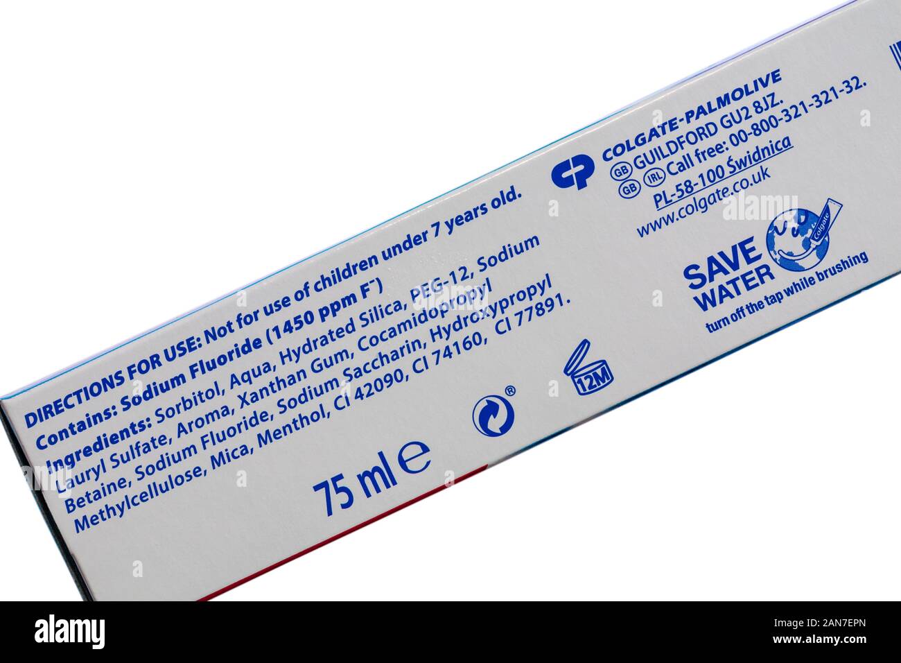Toothpaste ingredients listed on box of Colgate MaxFresh Intense foam ...