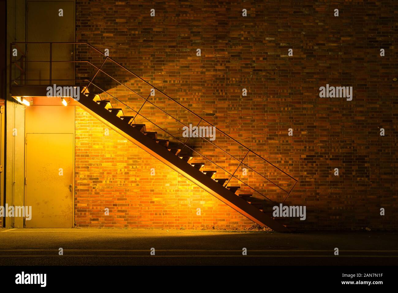 illuminated metal stair at night, simple stairway at night, colorful ...