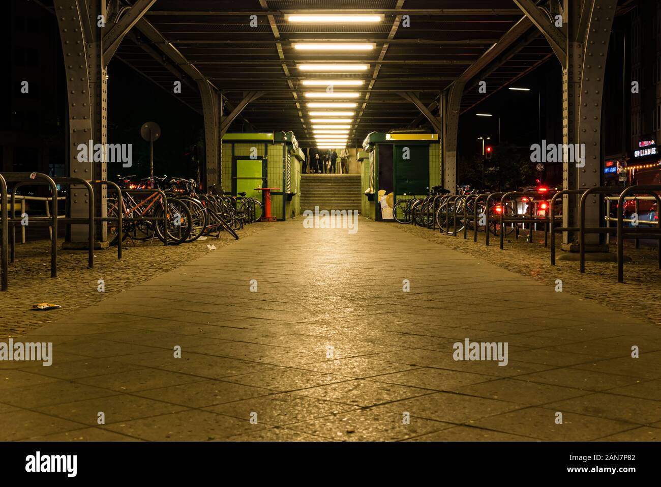 Stairs to the platform of a subway station in Berlin, entrance to the ...
