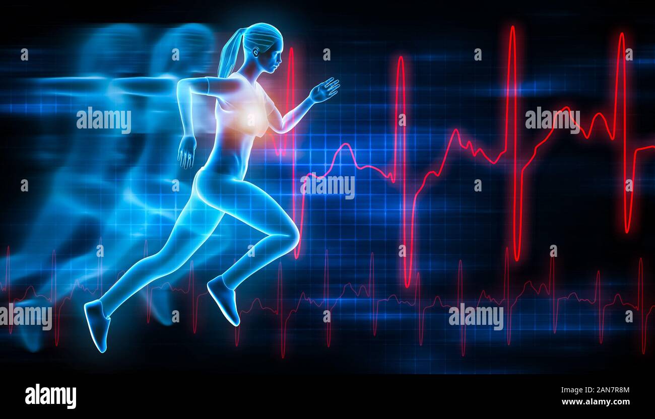 Sportswoman or sporty woman running fast with futuristic hologram ...