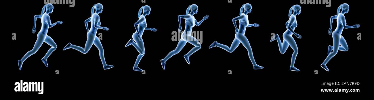 Sportswoman running sequence movements isolated on a black background ...