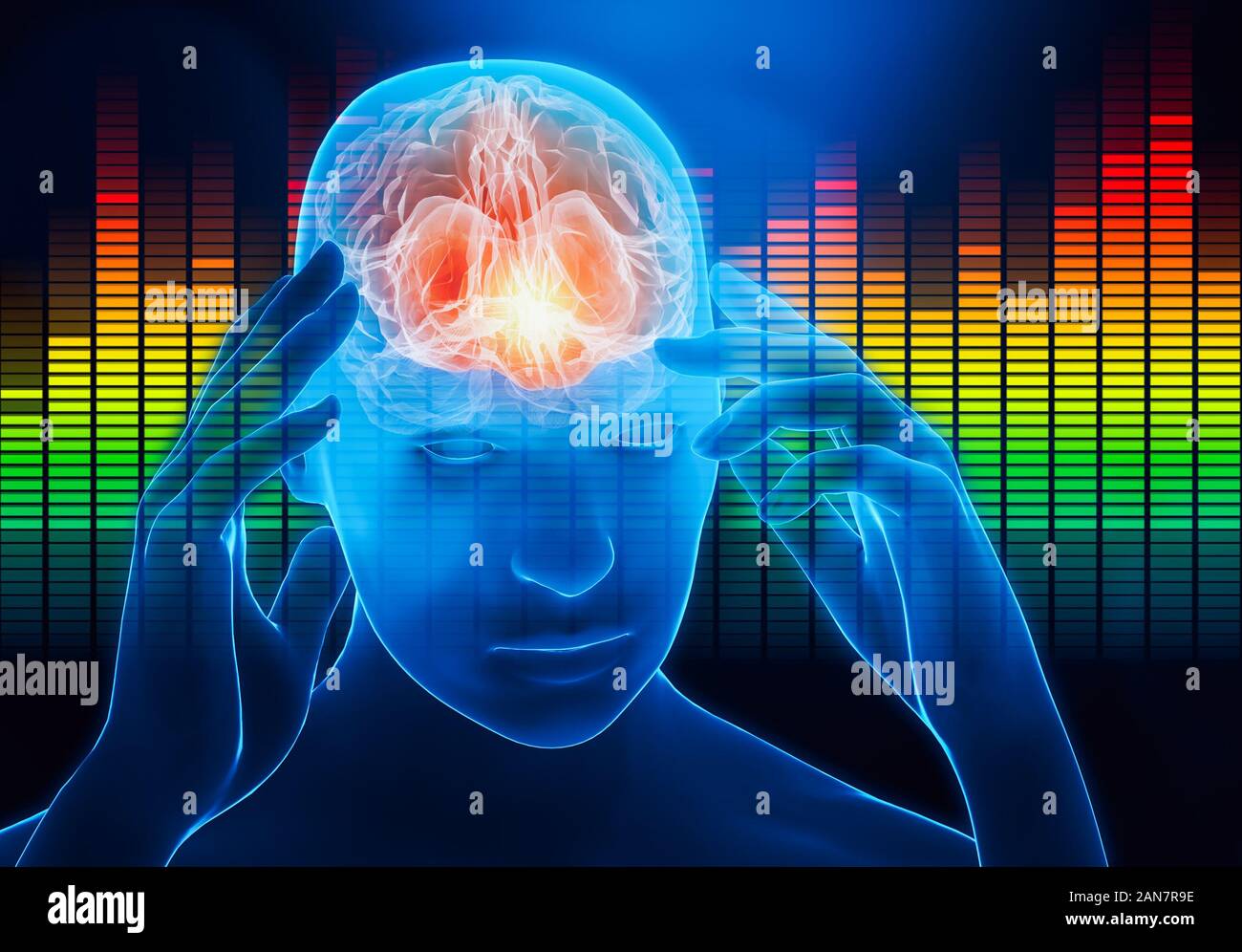 Male portrait with hands touching his temples with audio equalizer on ...