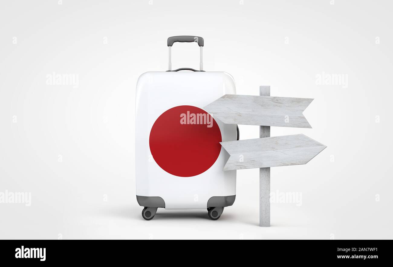 Japan flag travel suitcase with wooden guide signpost. 3D Render Stock ...