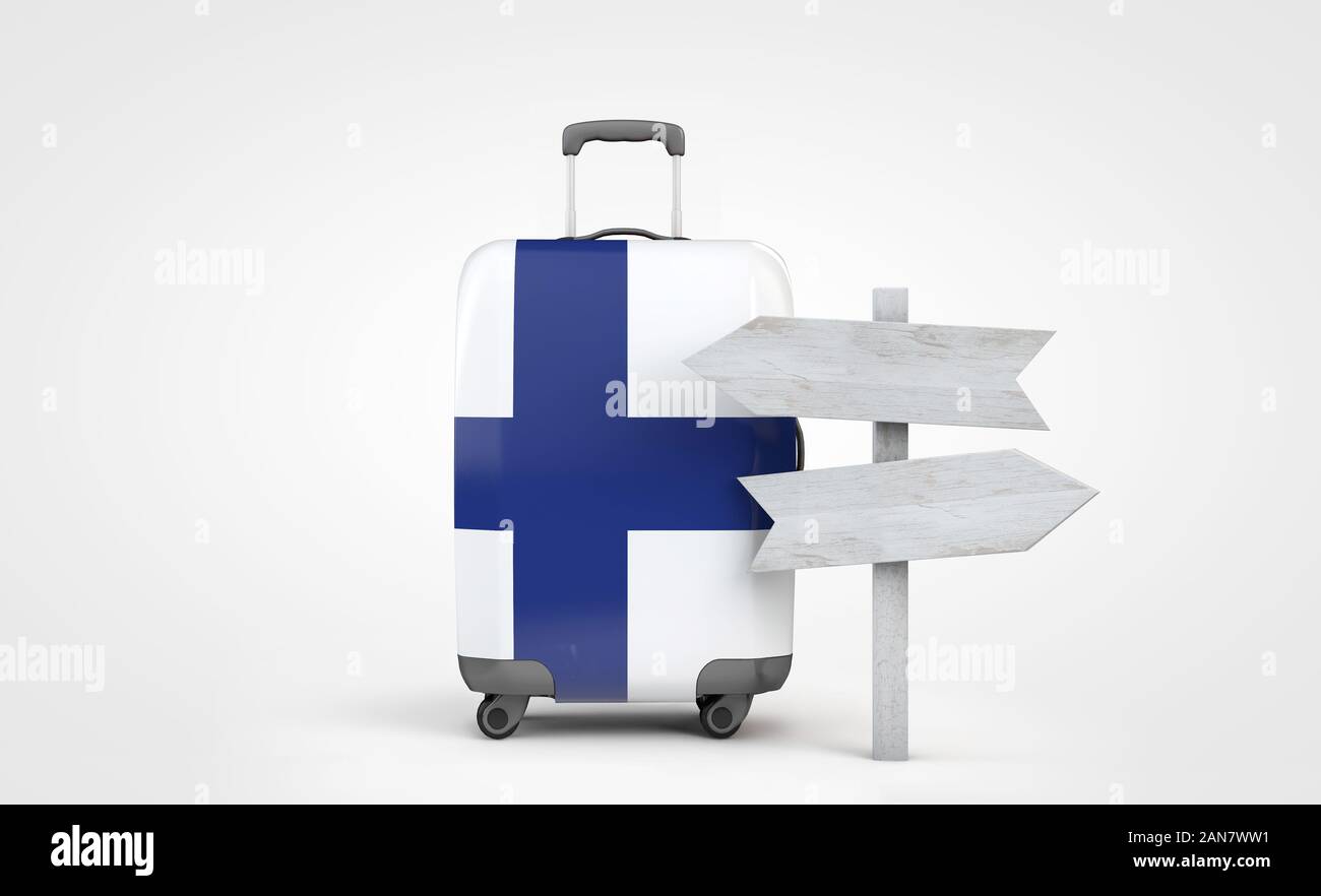 Finland flag travel suitcase with wooden guide signpost. 3D Render ...