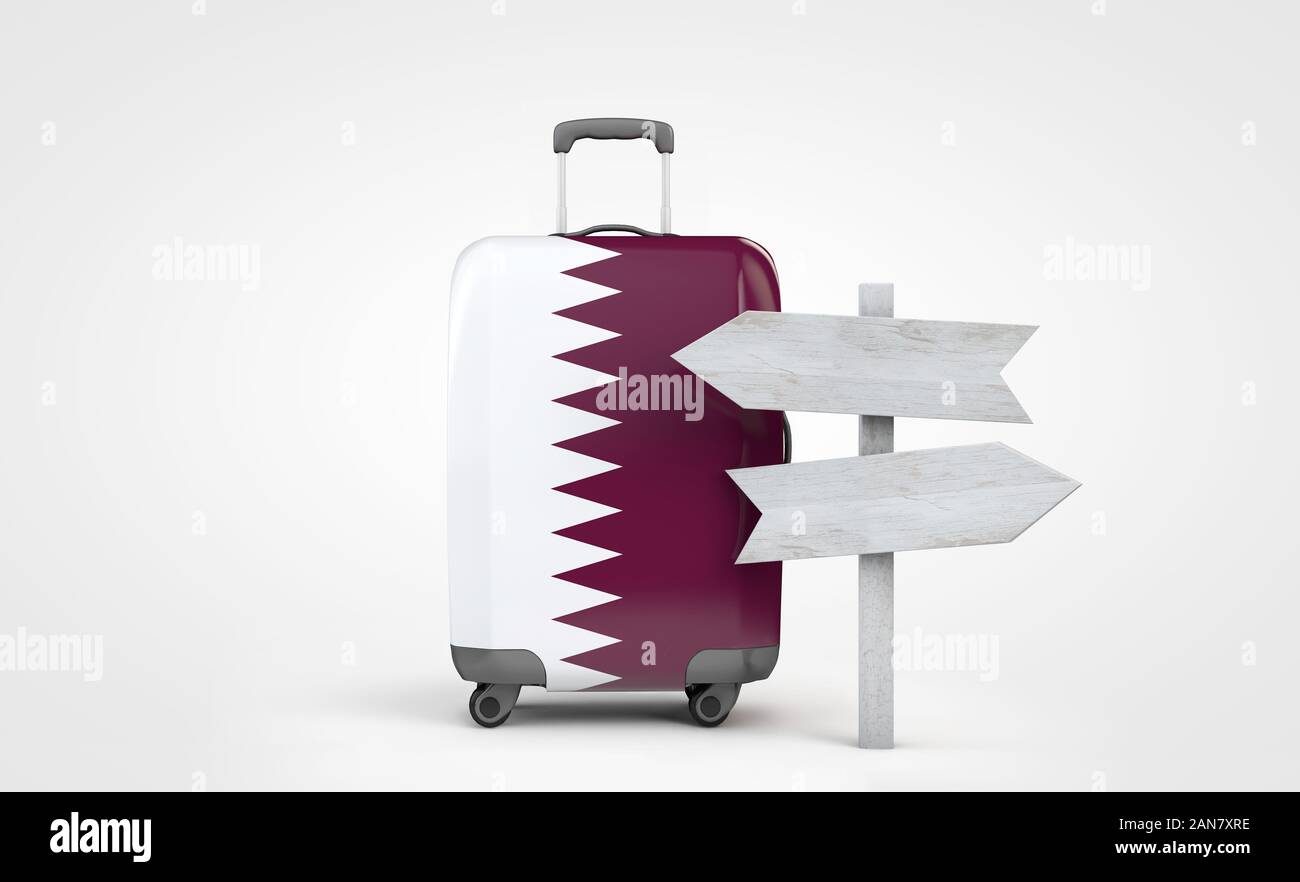 Qatar flag travel suitcase with wooden guide signpost. 3D Render Stock ...