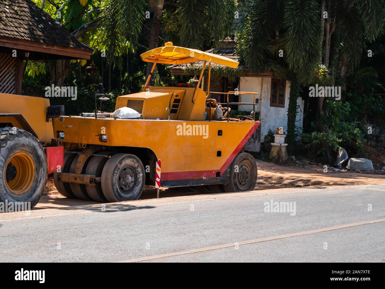 Two road rollers working on the new roads construction site. Heavy duty ...