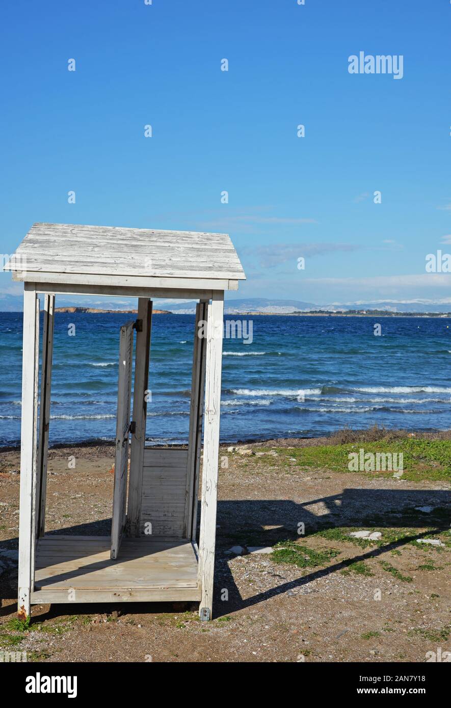 Dilapidated changing cabin at the beach during winter Stock Photo - Alamy