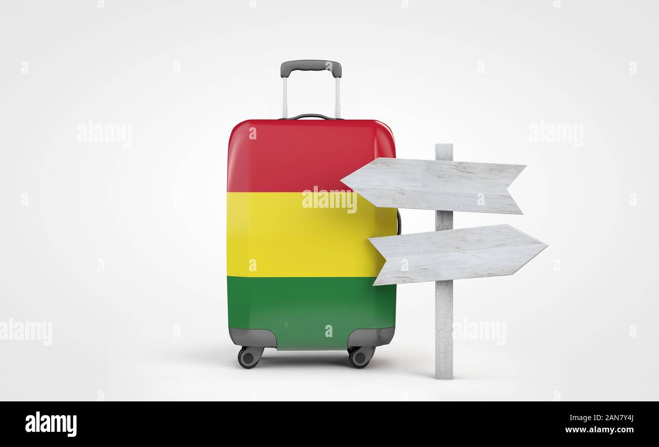 Bolivia flag travel suitcase with wooden guide signpost. 3D Render ...