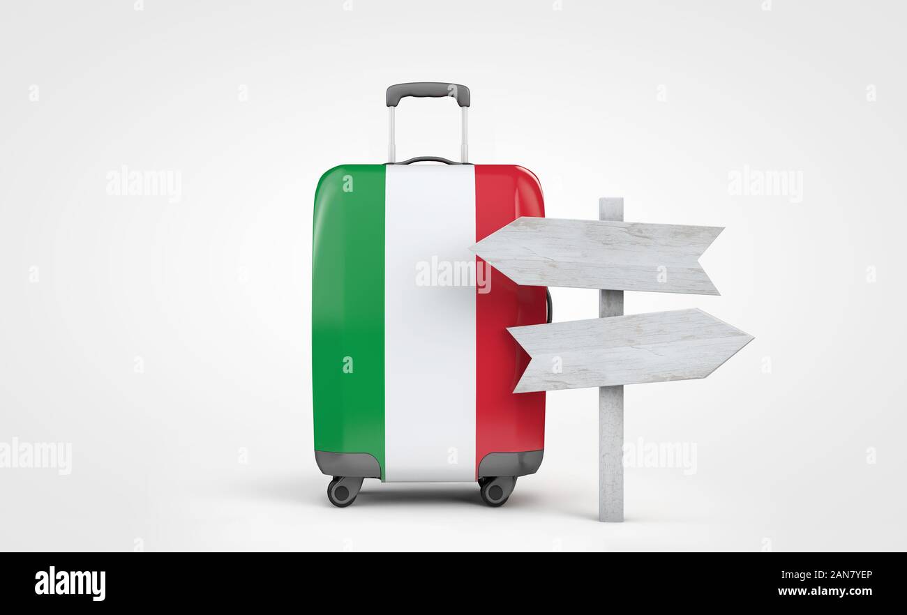 Italy flag travel suitcase with wooden guide signpost. 3D Render Stock ...