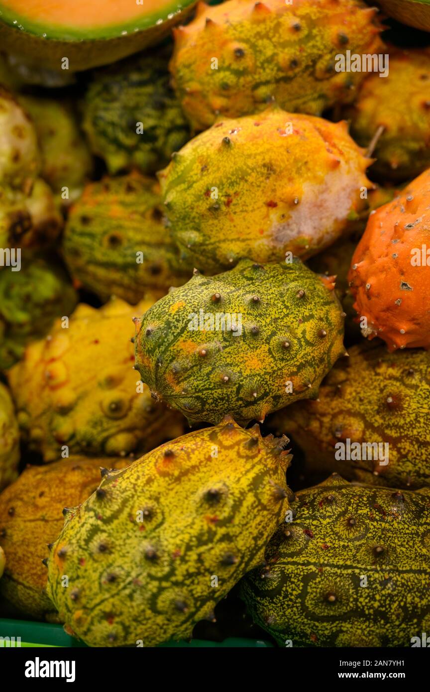Horned melon or kiwano exotic fruits close up, tropical fruits ...