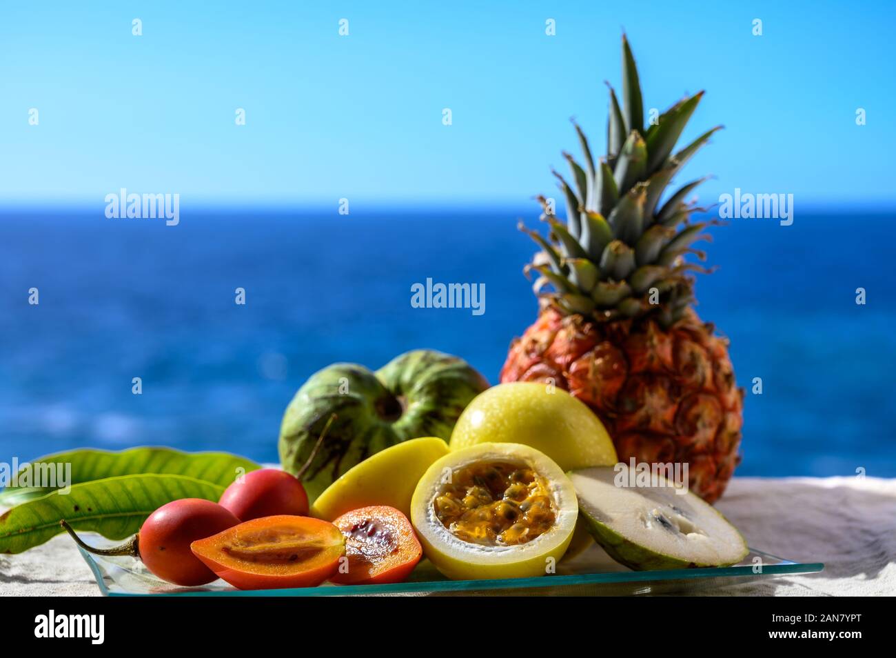 Tropical fruits collection, custard apple or green ripe cherymoia ...