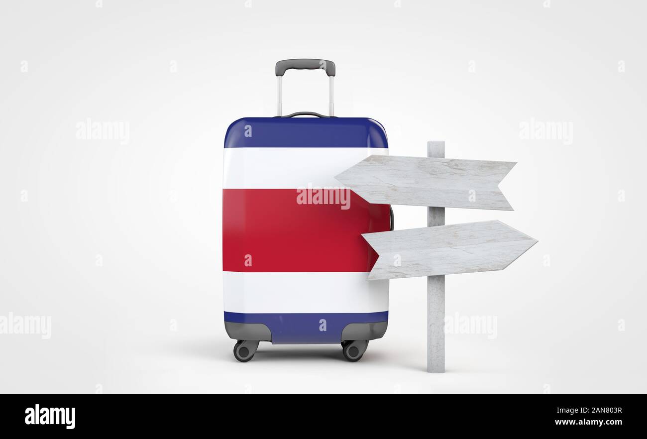 Costa Rica flag travel suitcase with wooden guide signpost. 3D Render ...