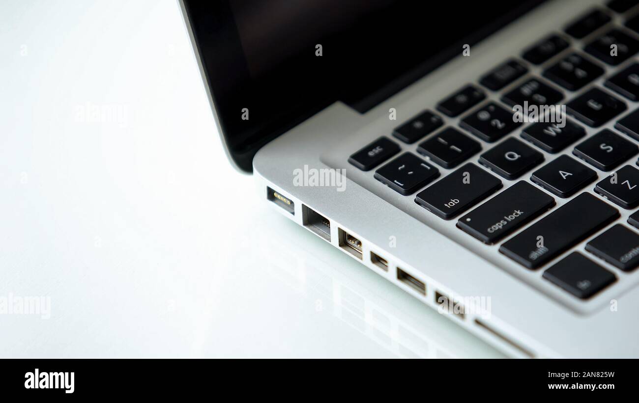 Modern laptop ports close-up, computer plugs, pc technology, data ...