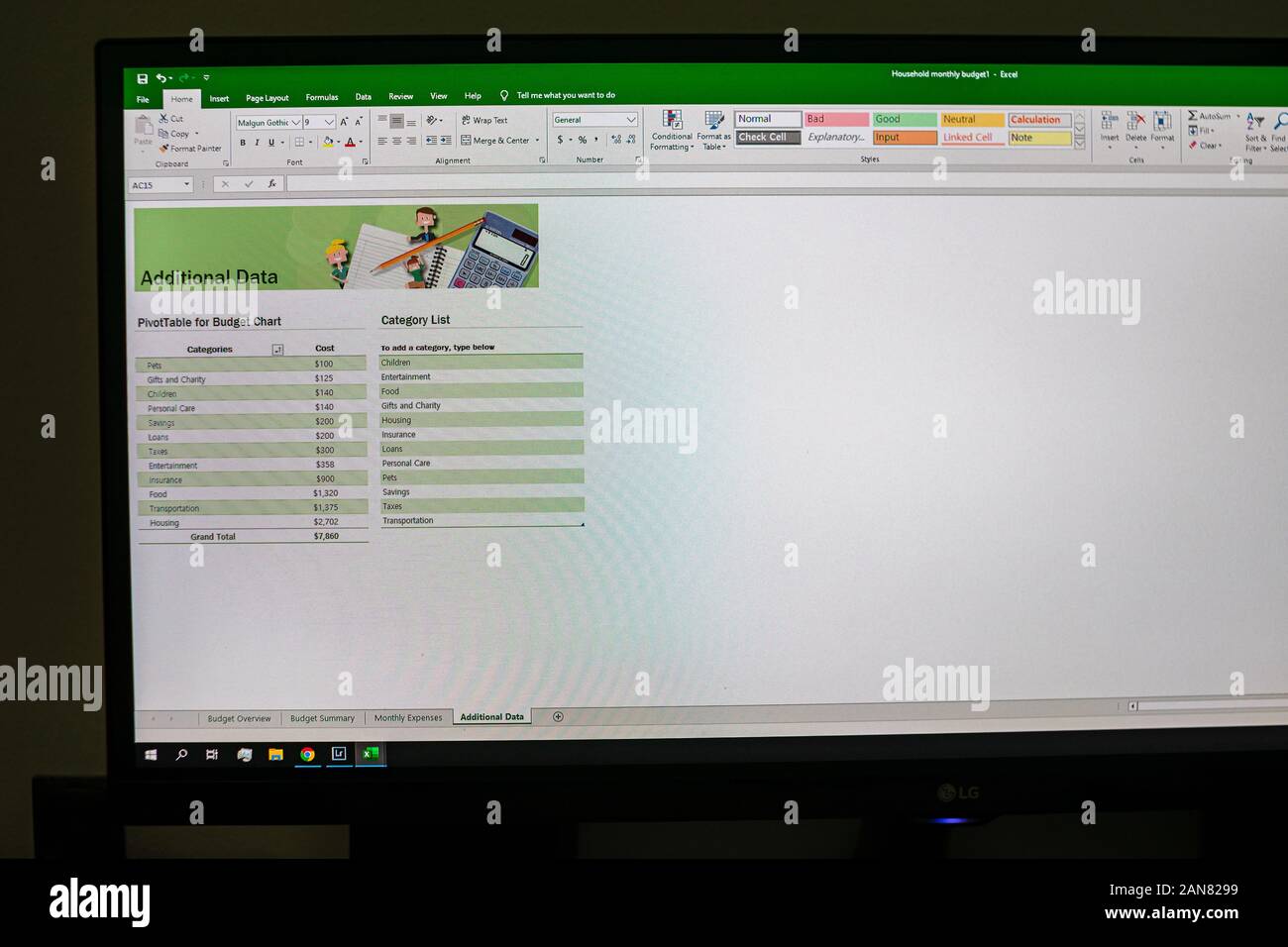 MIcrosoft office excel application, home menu on device screen ...