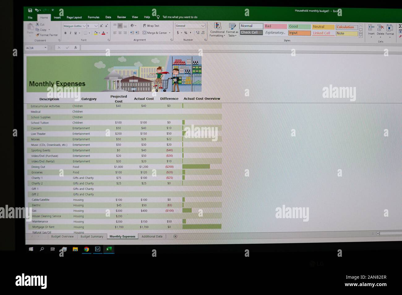 MIcrosoft office excel application, home menu on device screen ...
