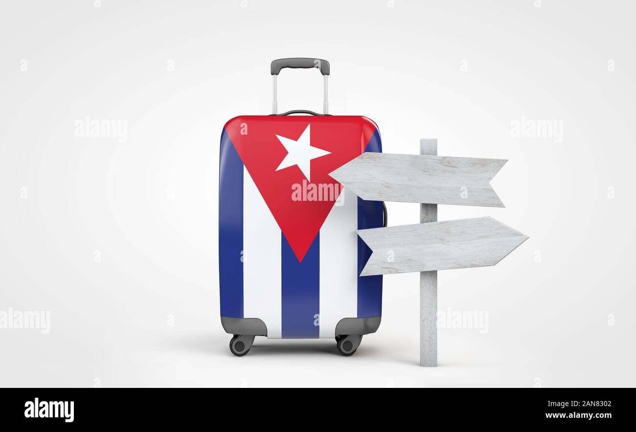 Cuba flag travel suitcase with wooden guide signpost. 3D Render Stock ...