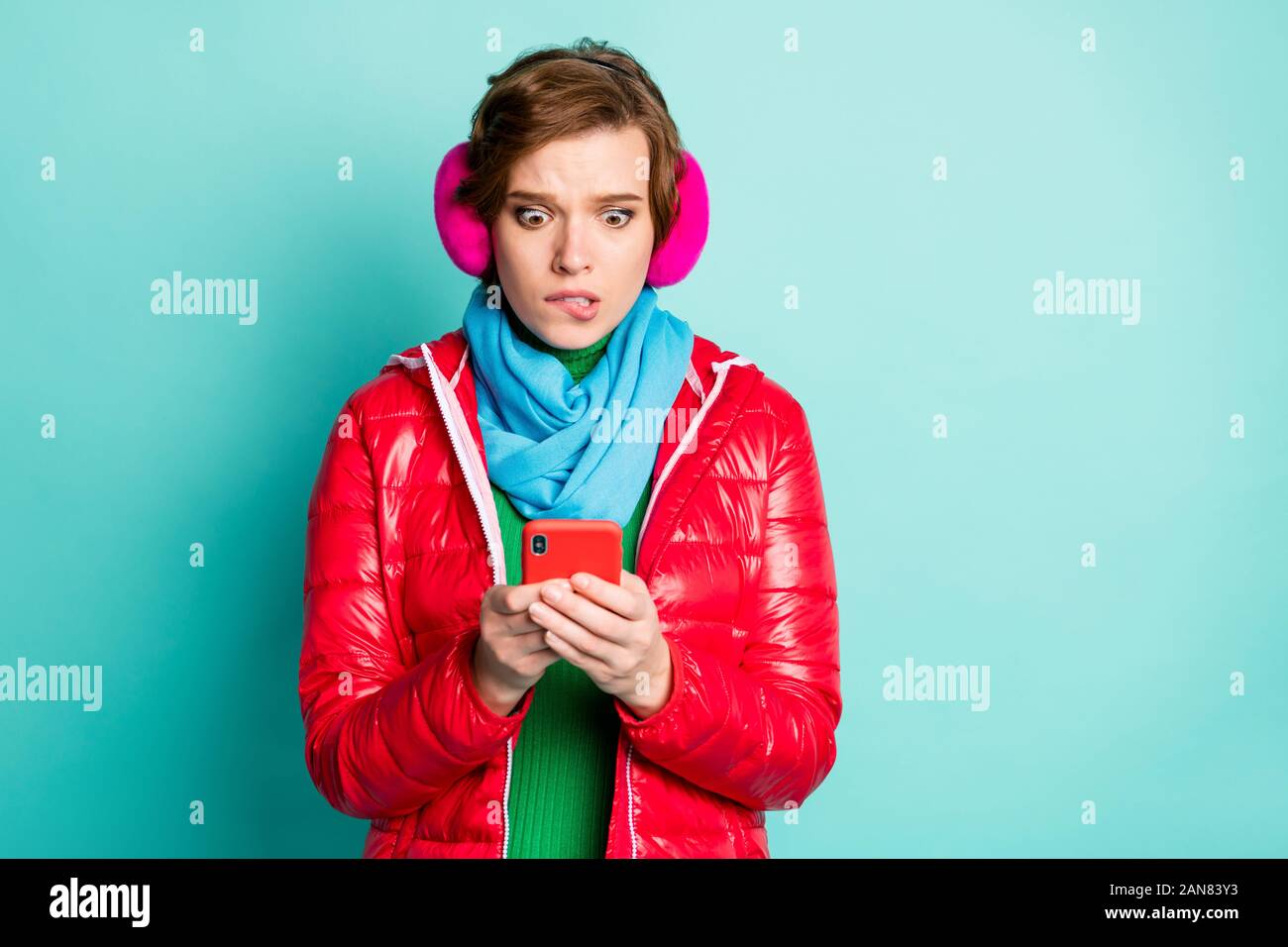 Photo of pretty scared lady hold telephone reading bad negative blog ...