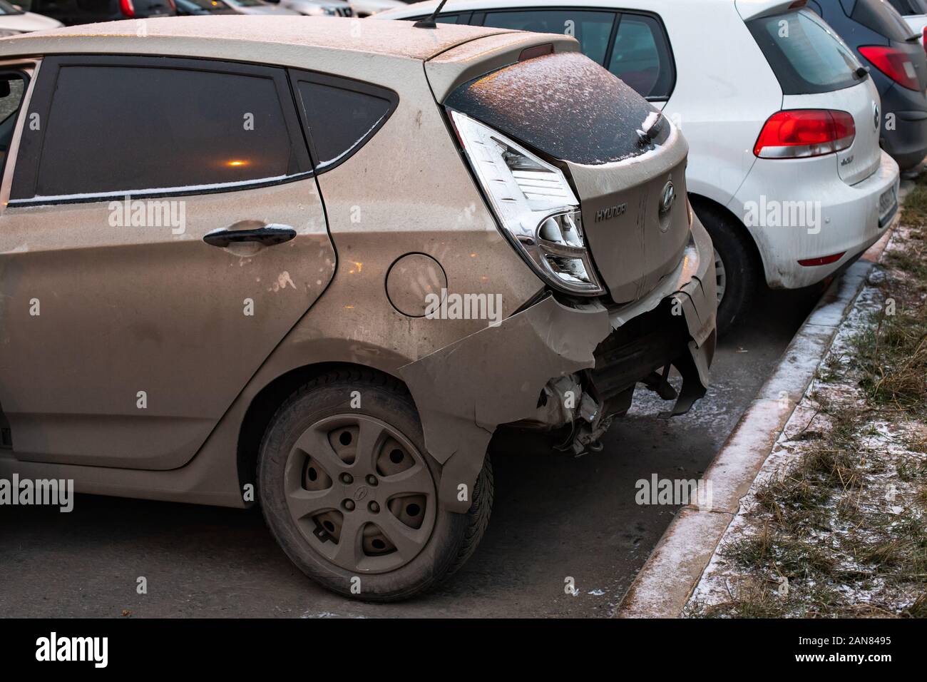 Moscow, Russia - December 29, 2019: Hyundai Solaris car after the ...