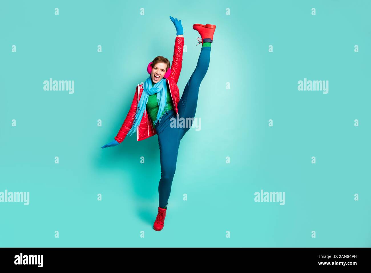 Full body photo of crazy lady raise leg up high demonstrating shocking ...