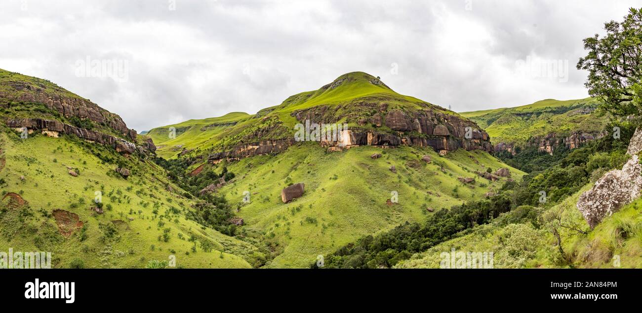 Panorama of a beautiful view to the green mountains of Maloti ...