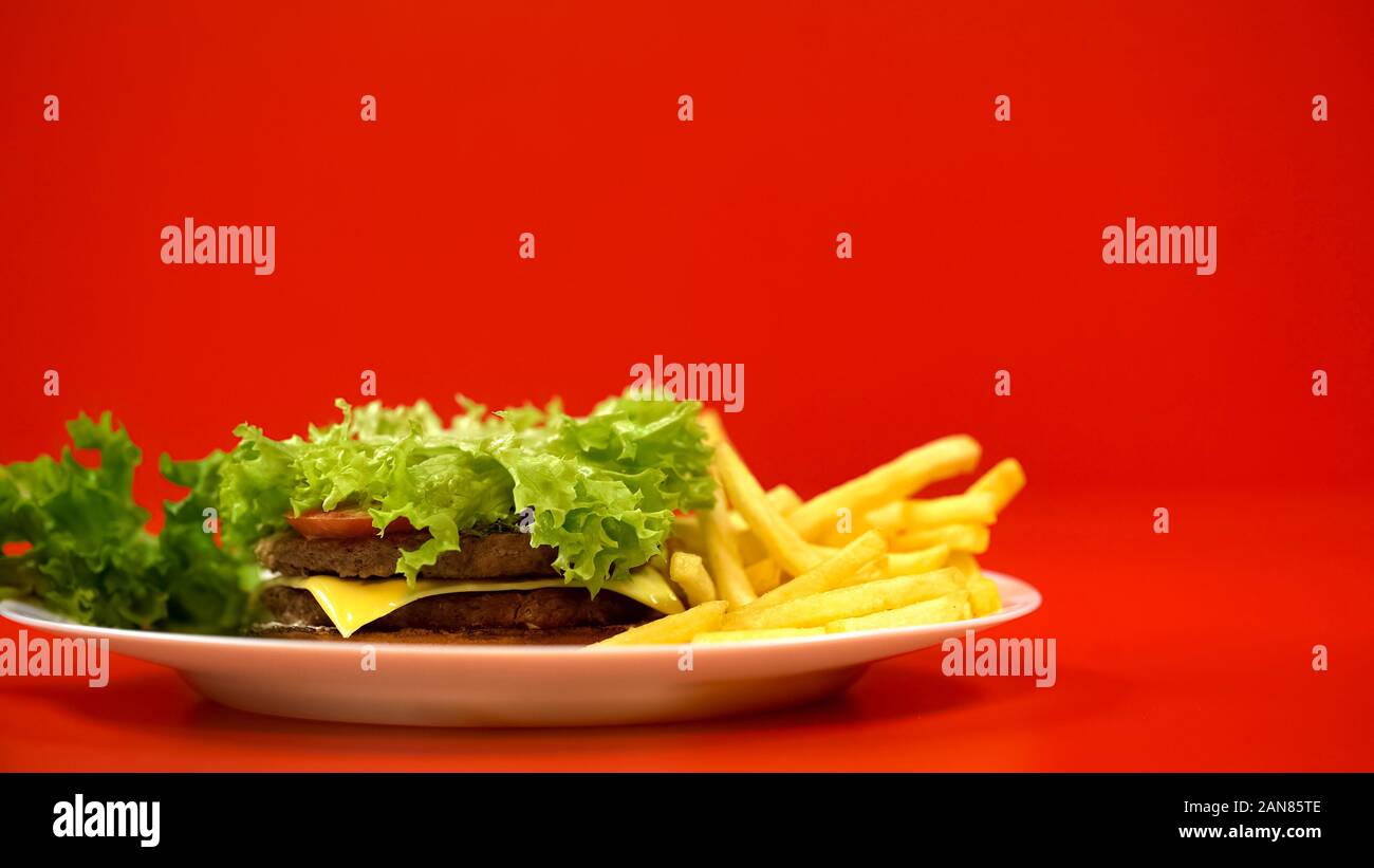 Appetizing burger with french fries and lettuce lying on plate, cooking ...