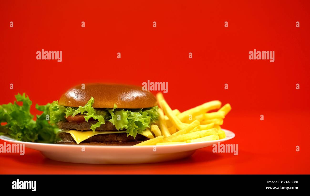 Hamburger with french fries and lettuce lying in plate, fast food ...
