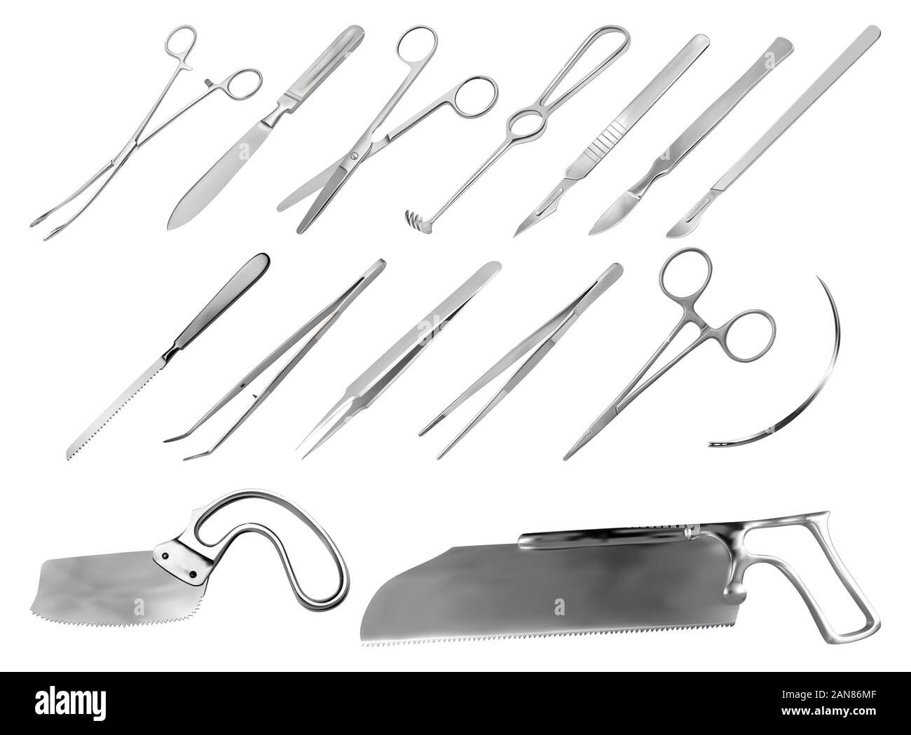 A set of surgical instruments. Tweezers, scalpels, Liston s amputation ...