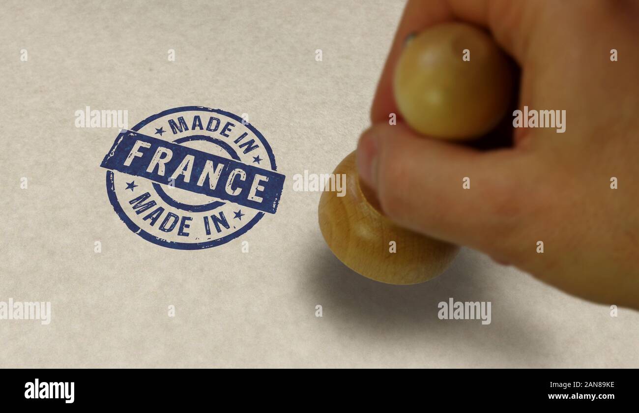 Made in France stamp and stamping hand. Factory, manufacturing and ...