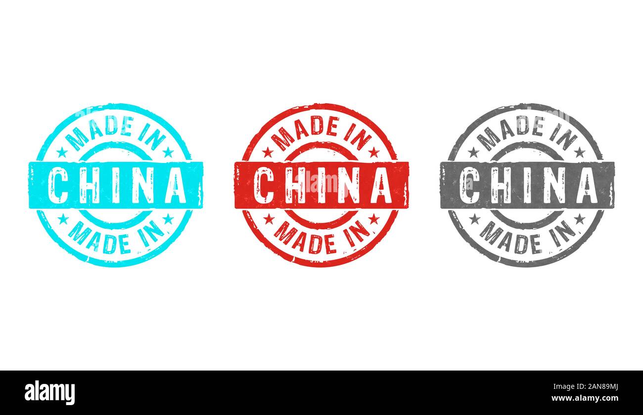 Made in China stamp icons in few color versions. Factory, manufacturing ...