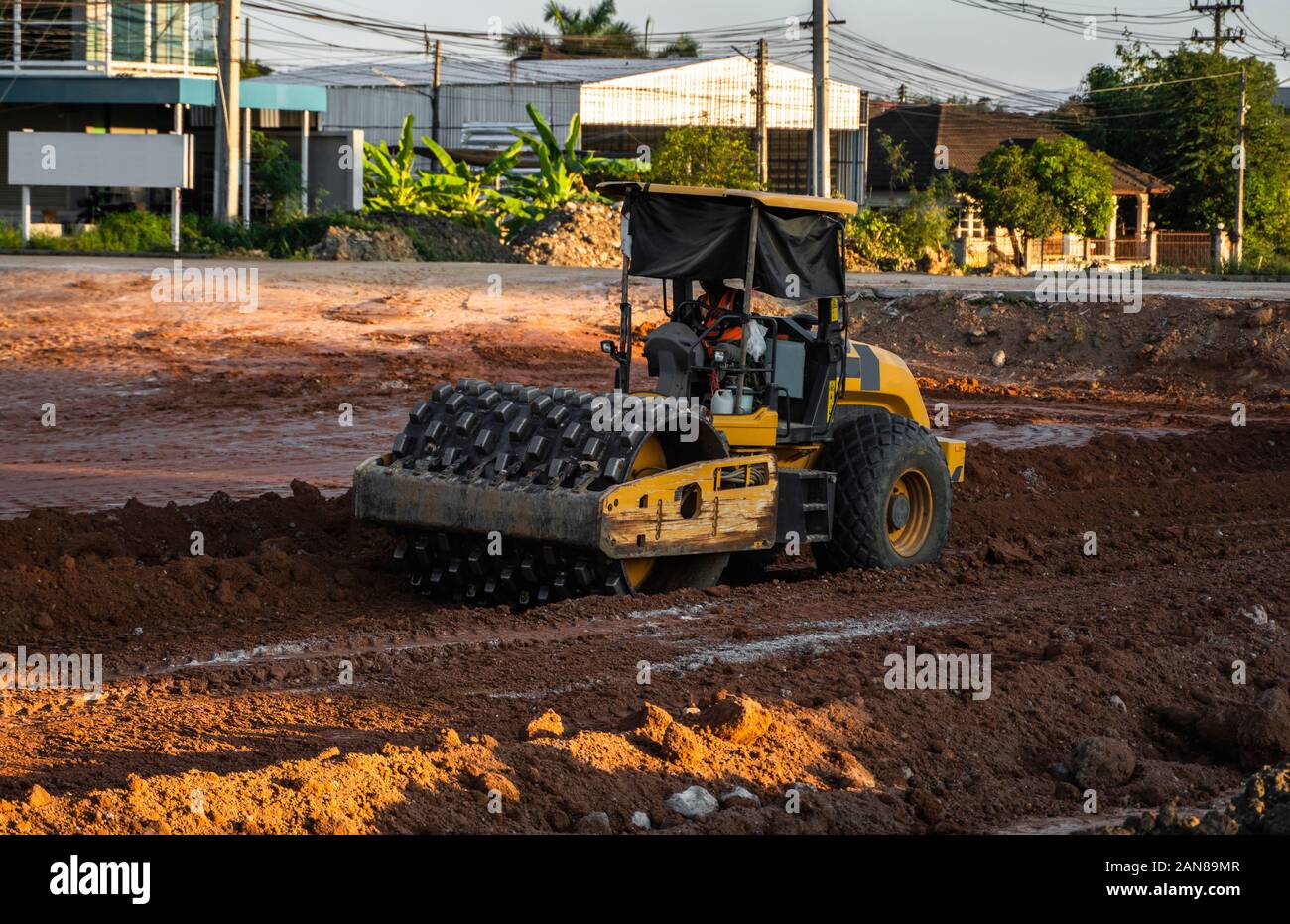 Soil compactor with vibratory padfoot drum. Heavy duty machinery ...