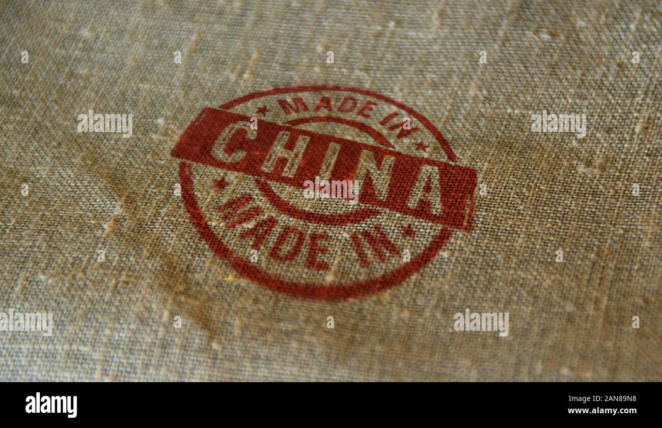 Made in China stamp printed on linen sack. Factory, manufacturing and ...