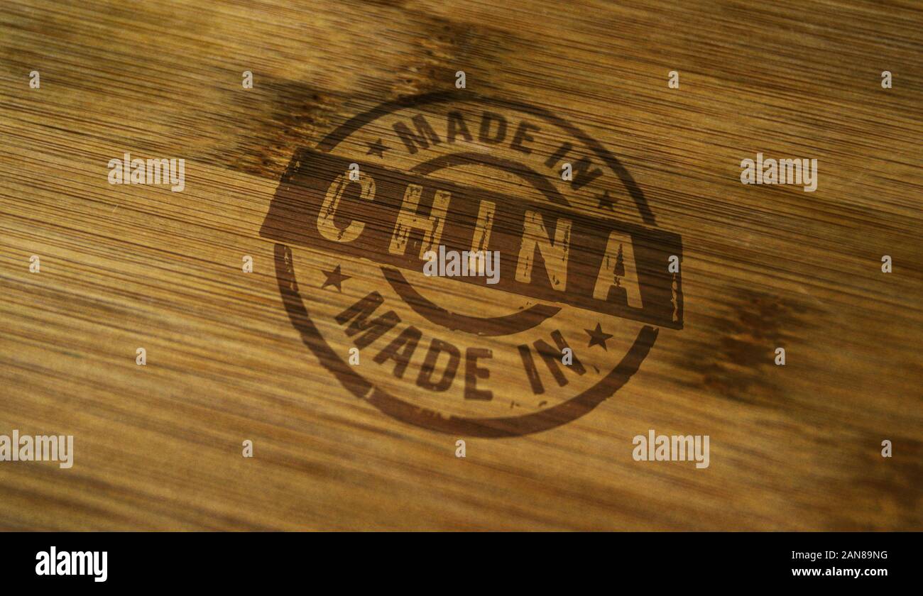 Made in China stamp printed on wooden box. Factory, manufacturing and ...