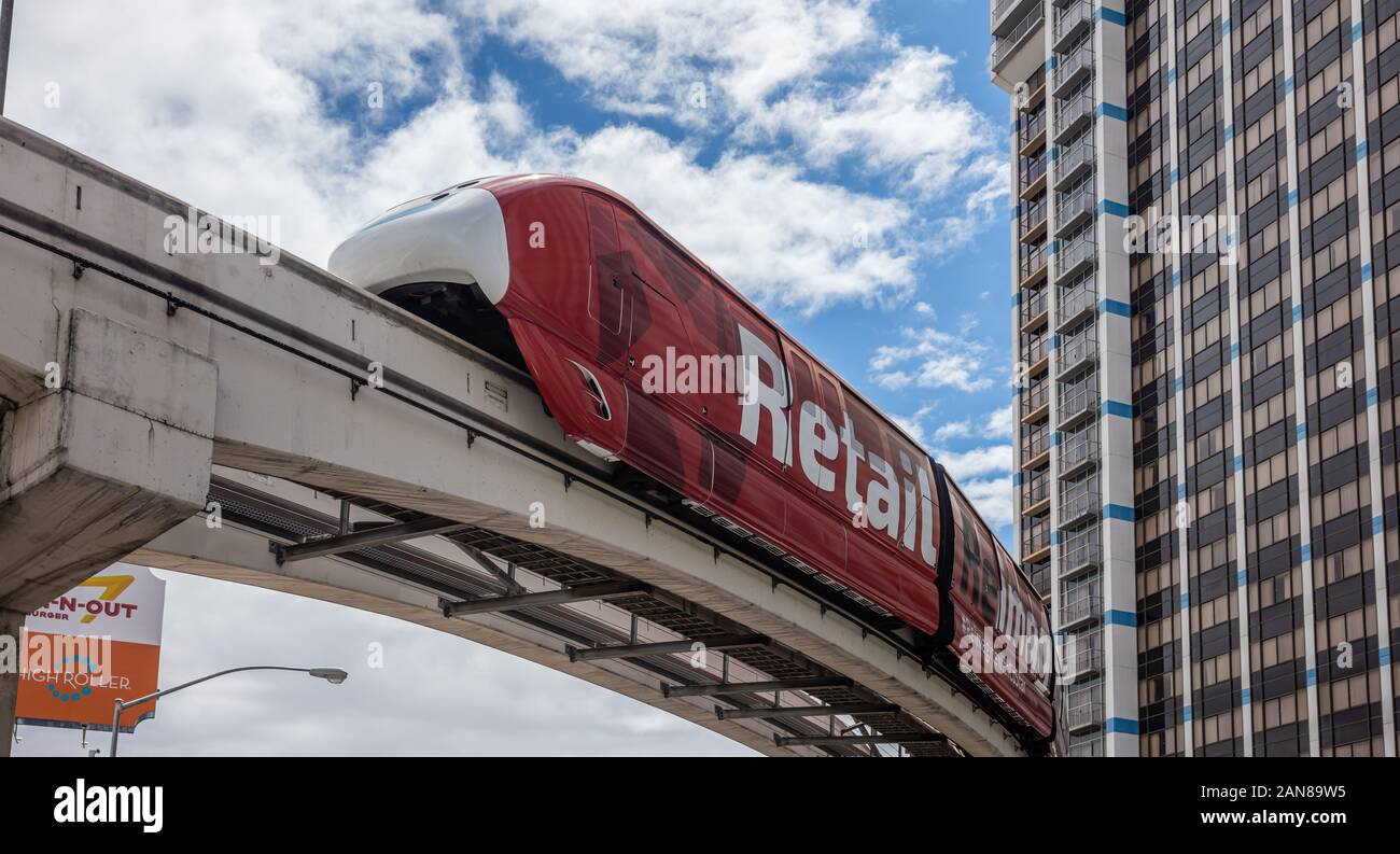 Las Vegas, Nevada, USA. May 27, 2019. Monorail elevated train travels ...