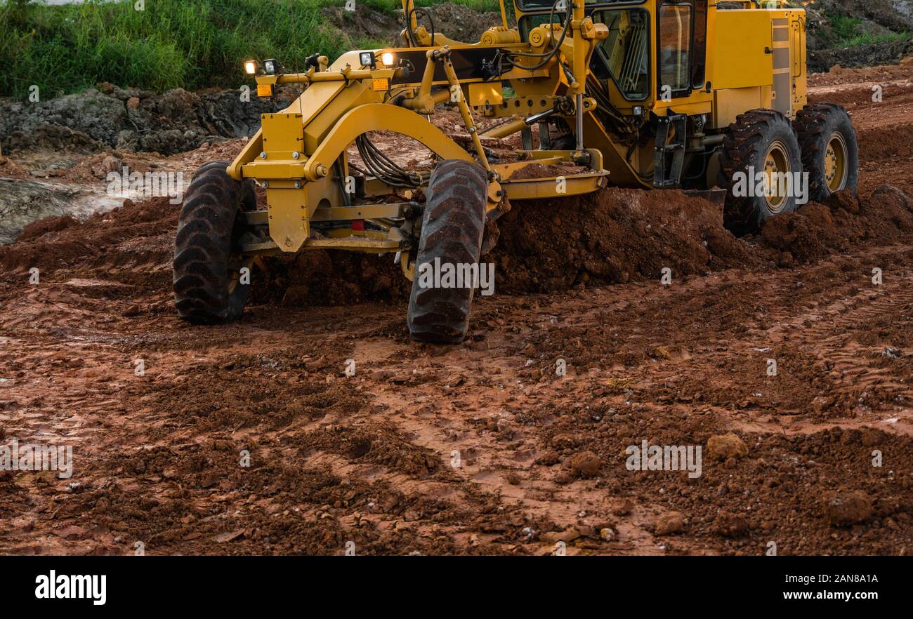 Grader is working on road construction. Grader industrial machine on ...