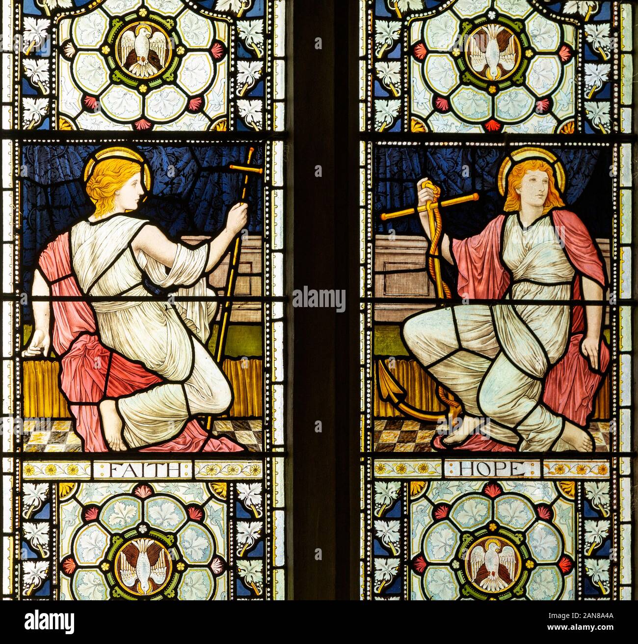 Stained glass window detail depicting Faith and Hope, designed by Henry ...