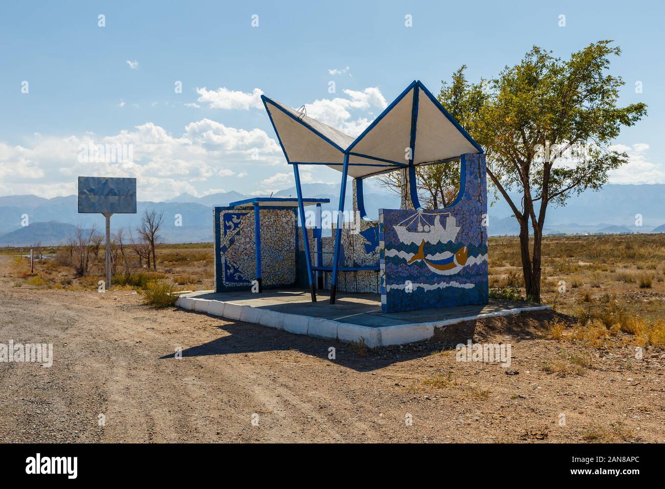 empty bus stop on the road, waiting place for the bus, Issyk-Kul Lake ... empty bus stop on the road, waiting place for the bus, Issyk-Kul Lake ...
