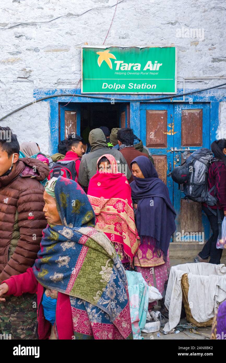 Nepalese people at The airport office at Jupal in Dolpo, Nepal Stock ...