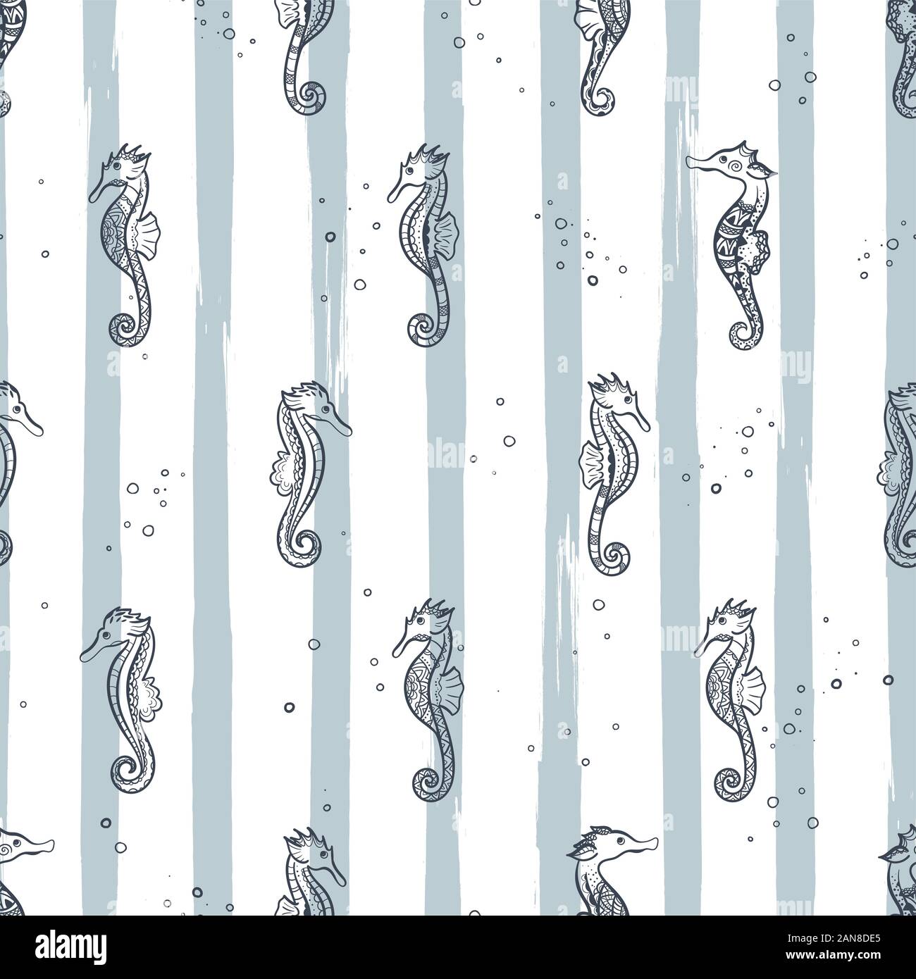 Cute hand drawn ornate sea horses seamless pattern, underwater theme ...