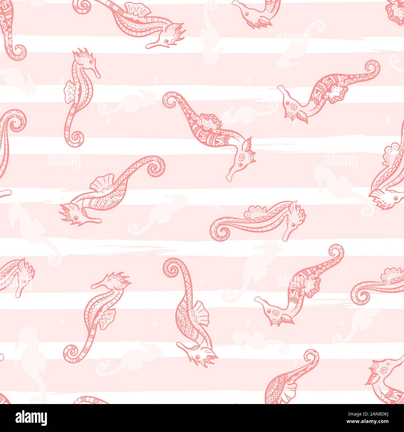 Cute hand drawn ornate sea horses seamless pattern, underwater theme ...