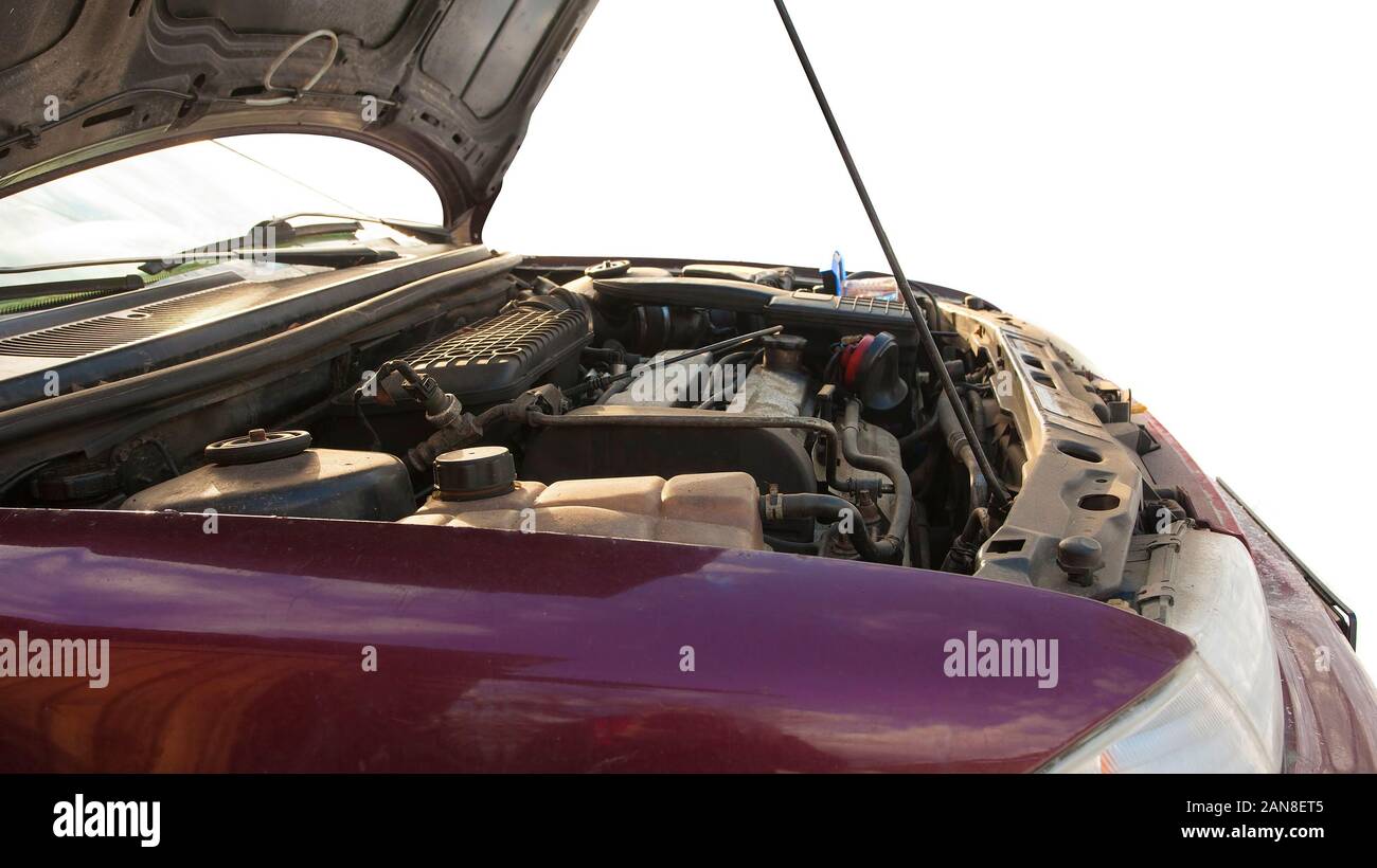 car engine with hood open Stock Photo - Alamy