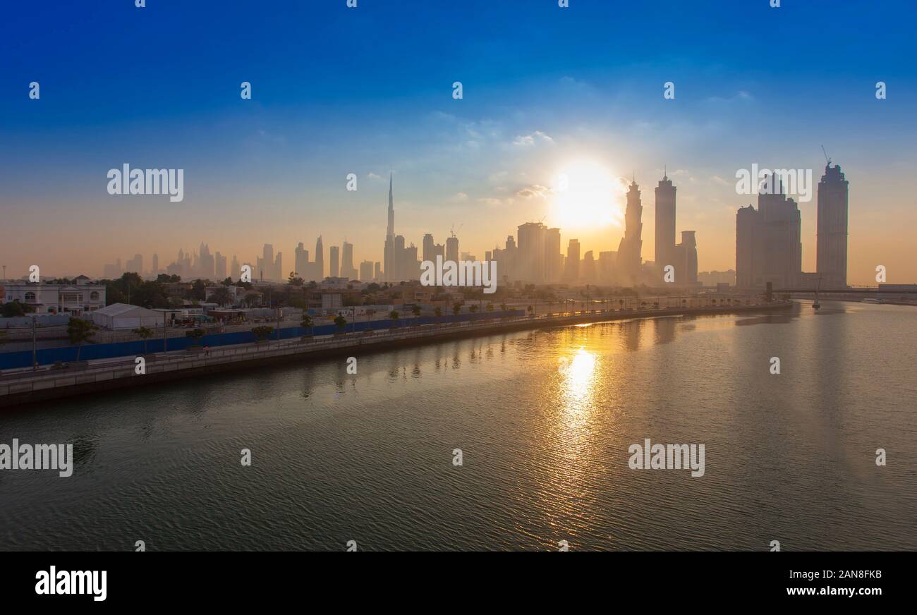 Dubai city skyline in the morning, sunrise Stock Photo - Alamy